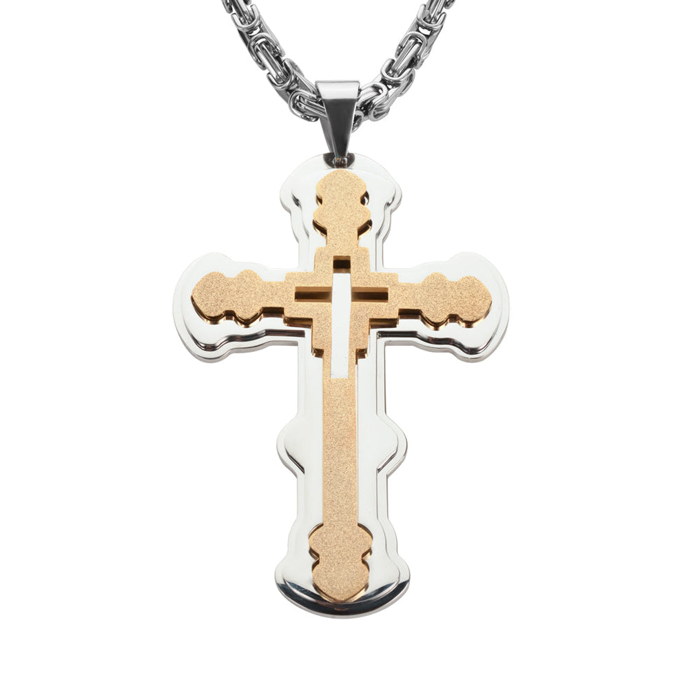 SK1565 4" Triple Layer Cross With 7 Millimeter Byzantine Necklace 24 ...